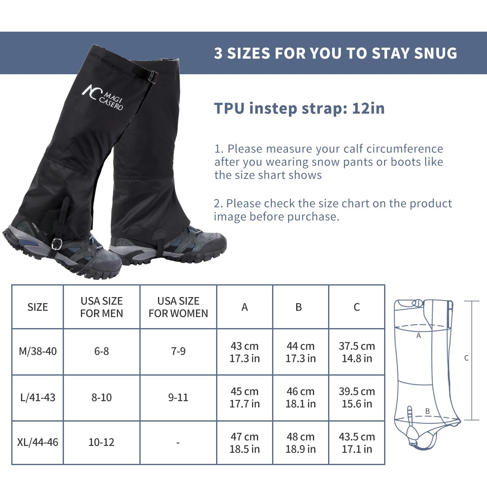 Magi Casero Outdoor Snow Boot Gaiters for Hiking Walking Running, Waterproof Leg Gaiters (X-Large)