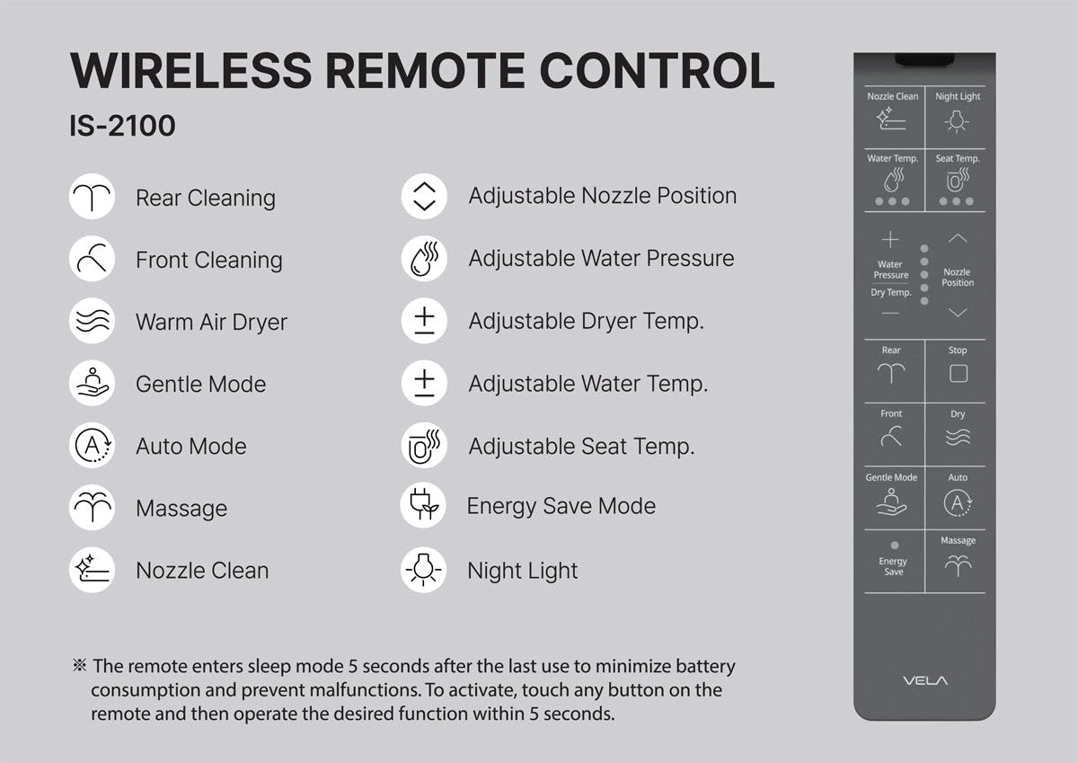 VELA Electronic Bidet Heated Seat with Instant Water Temperature Adjustment for Elongated Toilets, Multiple Spray Modes, LED Light & V-Clean Technology Self Cleaning Electrolyte Wand