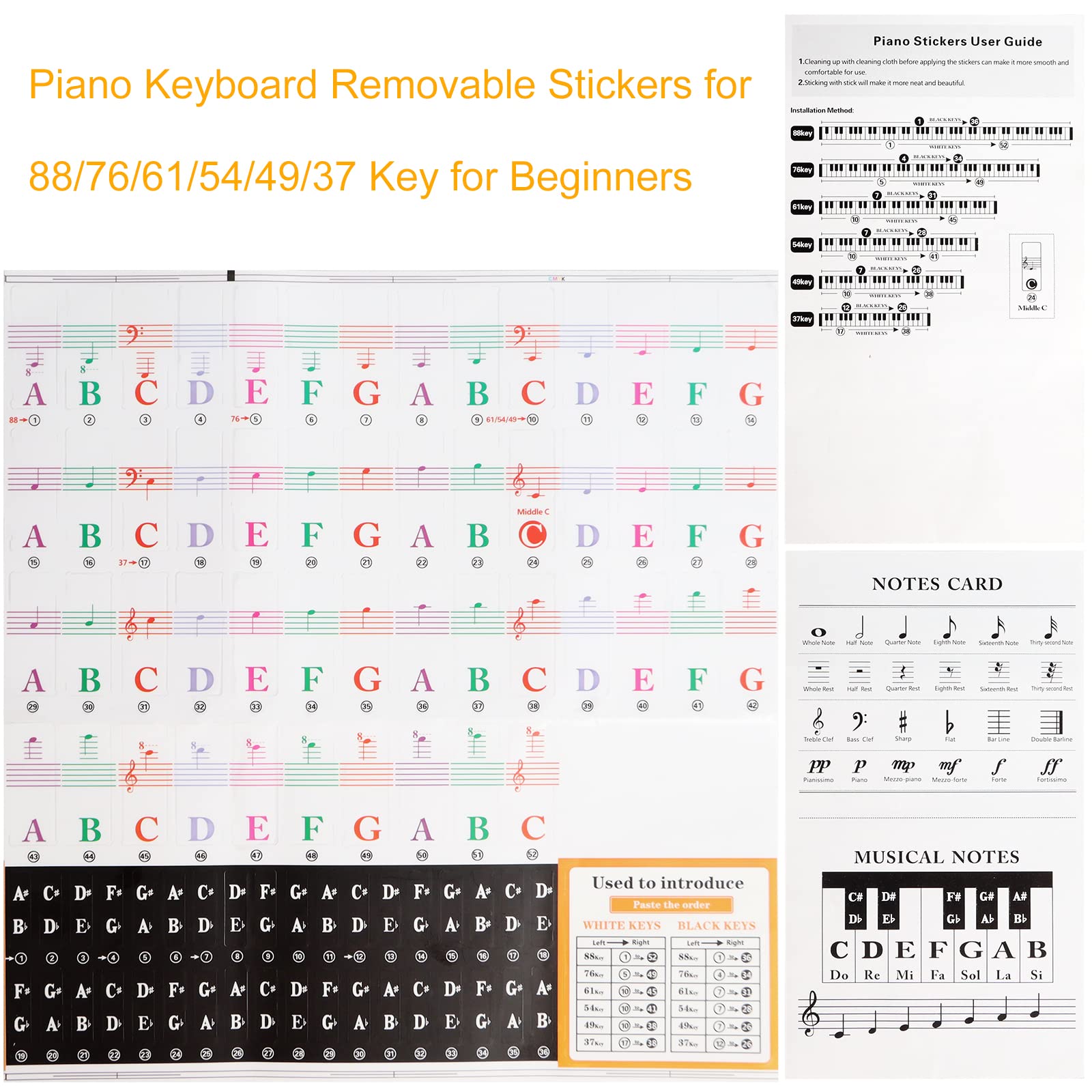 Removable Piano Keyboard Notes Lables for Beginner, Piano Keyboard Stickers for 61/88/54/49/37 Key, Made of Silicone, No Need Stickers, Reusable and Comes with Box (Rainbow Colors）