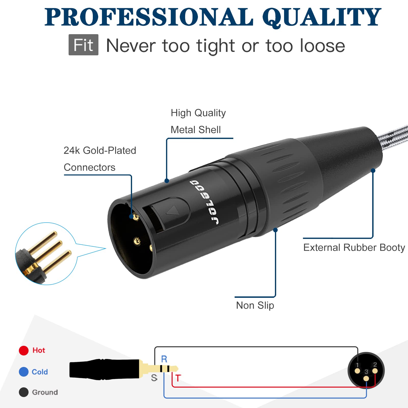 JOLGOO 1ft 3.5mm Female to XLR Male Audio Adapter Cable, 20 AWG 4N Copper, 24k Gold-Plated Connectors, Pro Grade, Noise Shielding, Durable