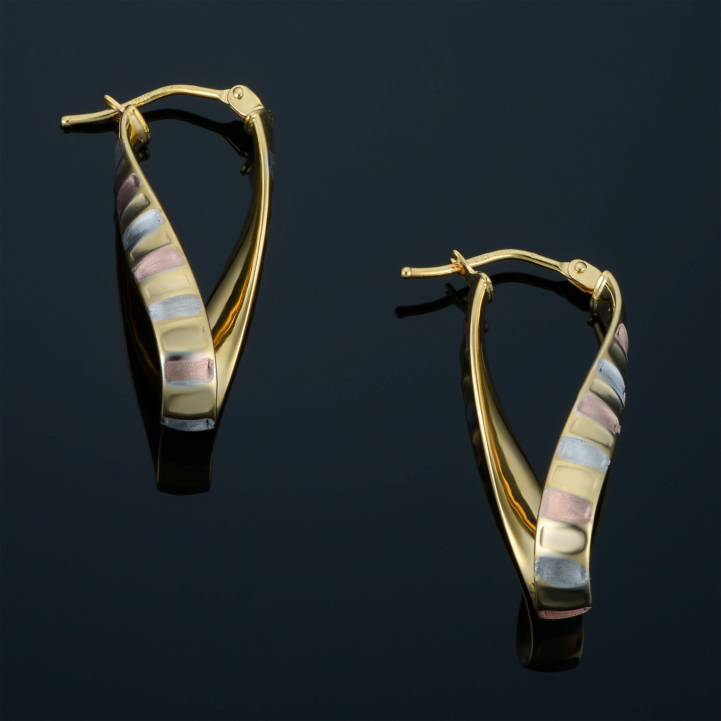 Kooljewelry 14k Tricolor Gold Scalloped Twisted Oval Hoop Earrings