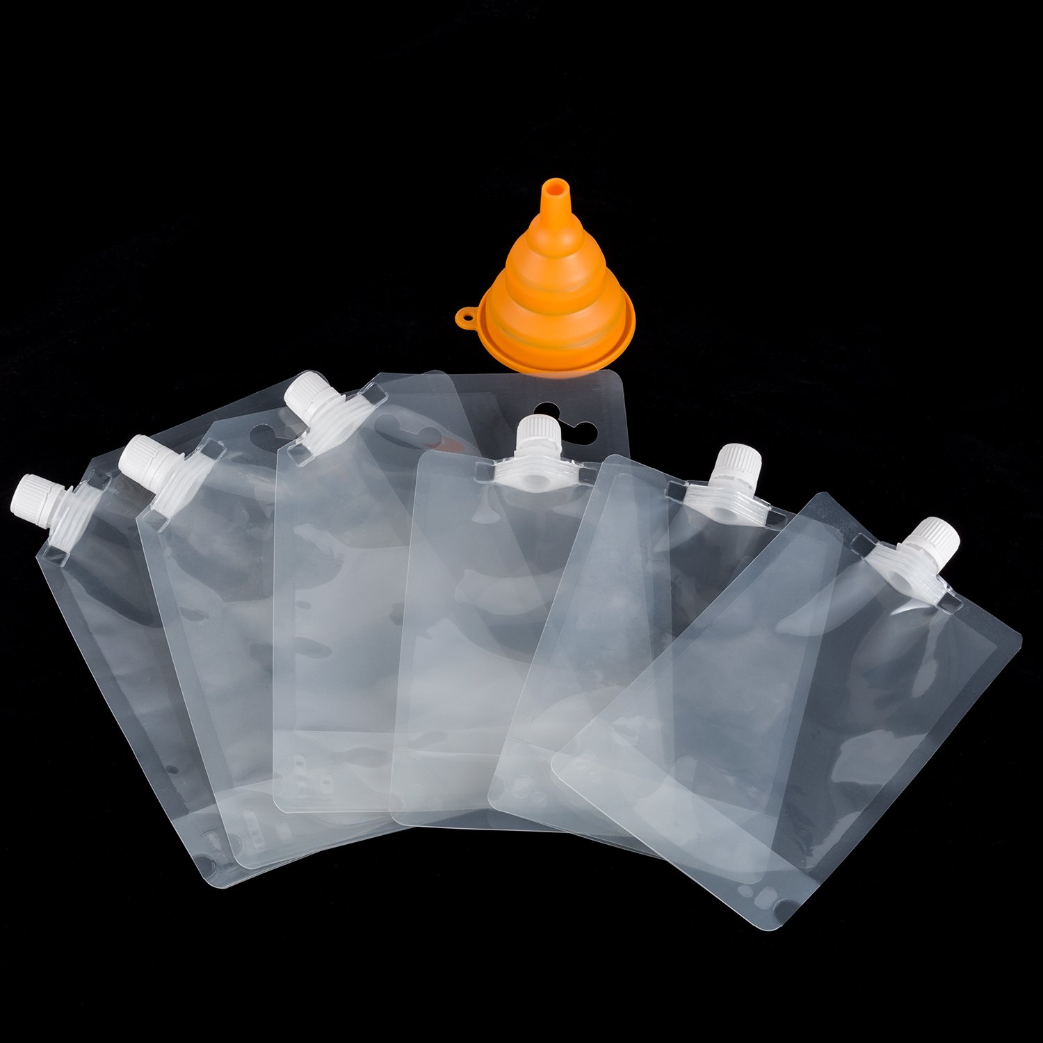 Kichwit Plastic Liquor Pouches Drinking Flasks, Reusable Liquid Spout Bags, BPA Free, 3 32oz, 3 16oz, Collapsible Silicone Funnel Included, Transparent