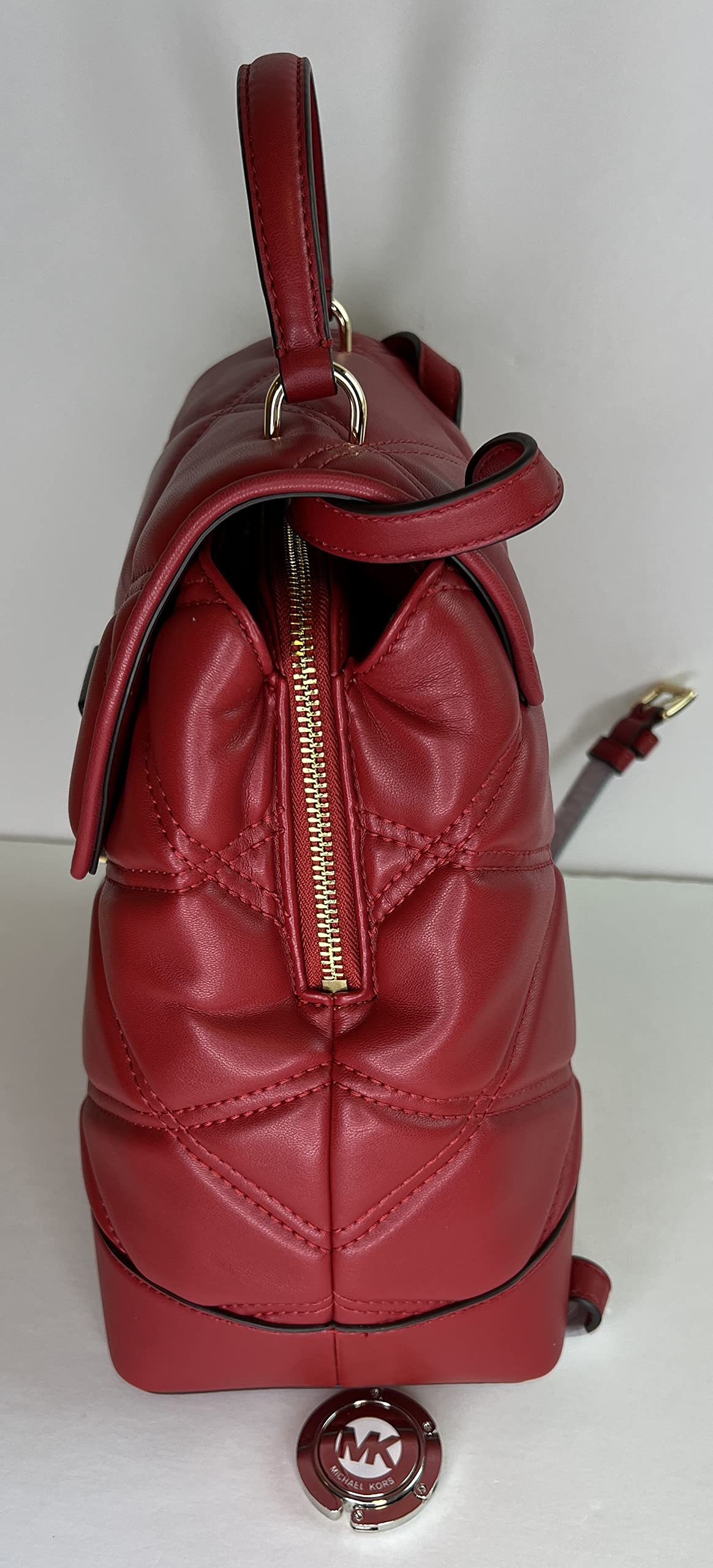 Michael Kors Serena MD Flap Backpack bundled with Trifold Wallet and Purse Hook (Chili)