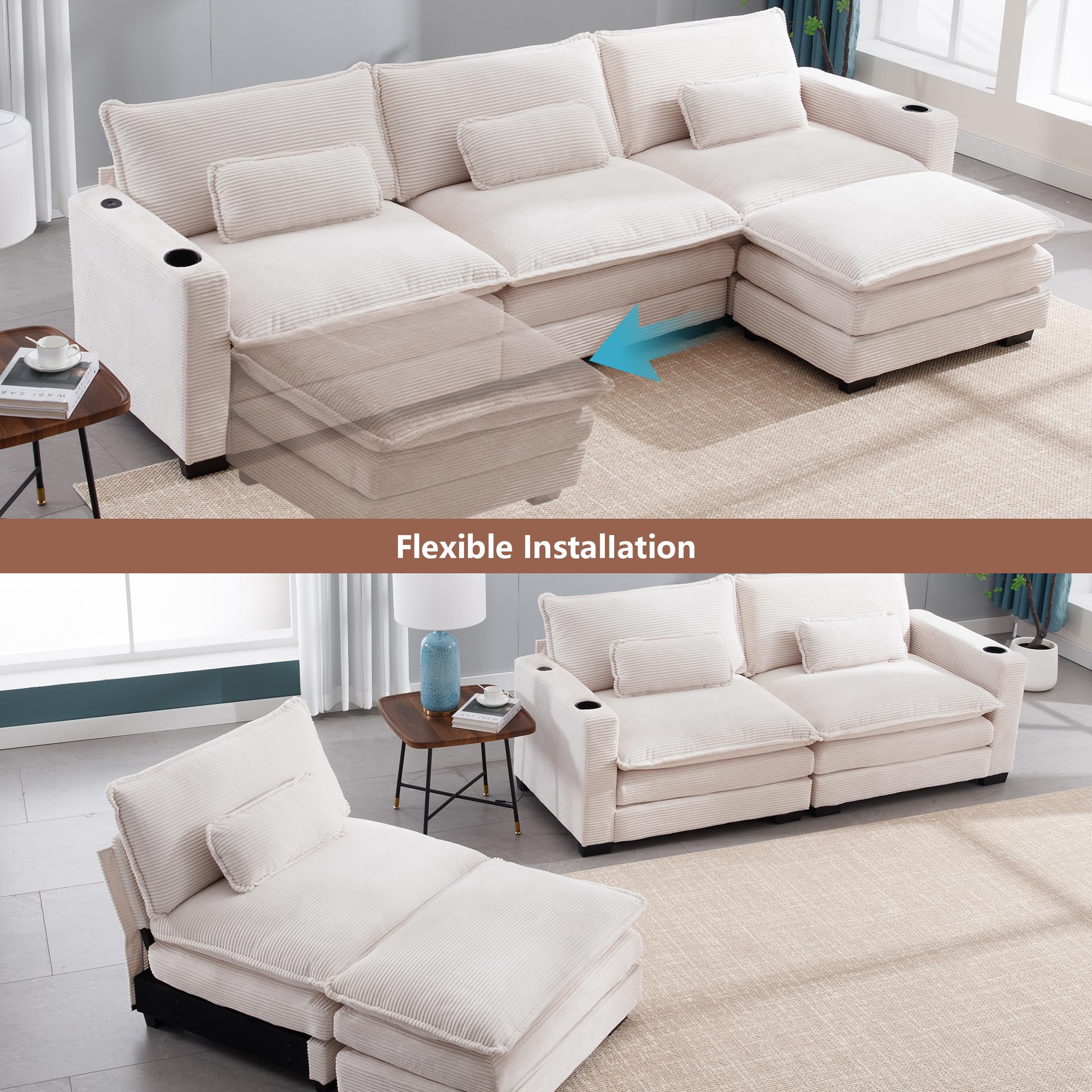 VEPXXP 117.7" Corduroy Sectional Couch, L-Shaped Sectional Sofa with Ottoman, 3 Seats Sofas with USB Cup Holders, Comfy Couches for Living Room, Apartment, Bedroom, Orange