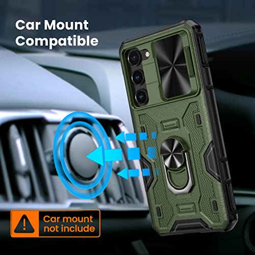 VEGO for Galaxy S23 Case, Samsung S23 Case with Slide Camera Cover Magnetic Absorption, Built-in 360°Rotate Ring Stand & Sponge Cushion with Microfiber Lining Phone Case for Samsung Galaxy S23 - Green