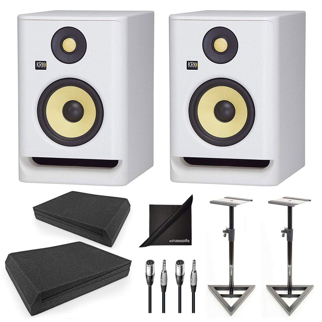 KRK RP5G4WN Rokit Gen4 5'' Powered Studio Monitors (Pair) White Noise Edition w/AxcessAbles Speaker Stands, Isolation Pads, Audio Cables and eStudioStar Polishing Cloth