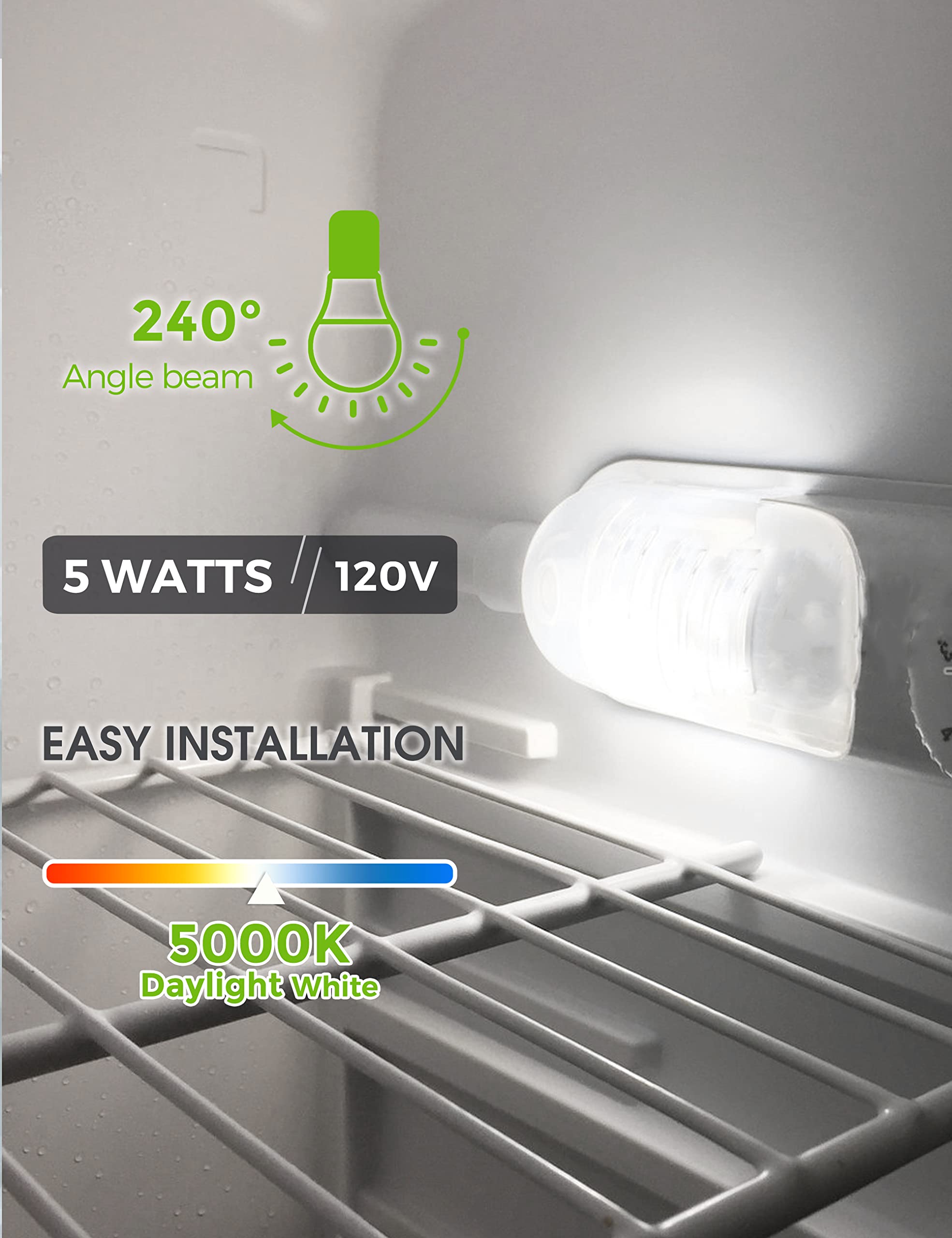 L LOHAS LED Refrigerator Light Bulb, 40W Equivalent 120V A15 Fridge Waterproof Bulbs, 5W E26 Medium Base Daylight White 5000K for Freezer Home Kitchen Lighting, Non-dimmable, 2 Pack