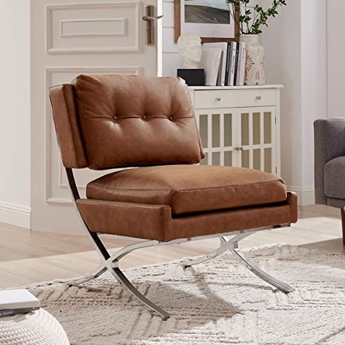 Volans Mid Century Modern Faux Leather Upholstered Armless Desk Chair with Chrome Plated Metal Base, Cognac