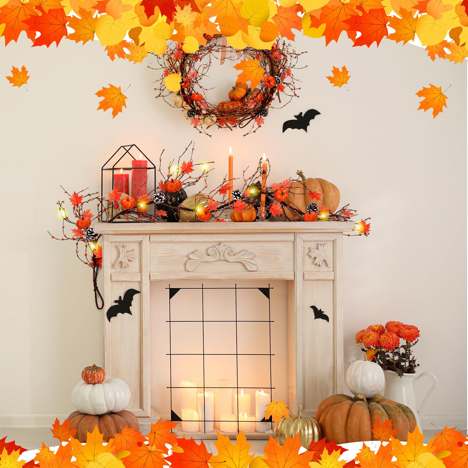 VercanMonth 5ft Fall Garland Pumpkin with 30 Lights Thanksgiving Vine with Maple Leaf Pinecone Garland Berry Orange Artificial Fall Decoration Garland for Mantle Fireplace Table Autumn Harvest Decor