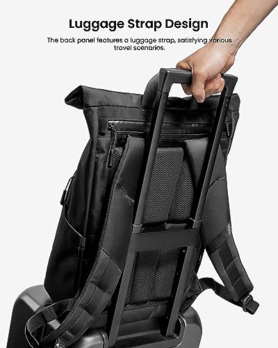 tomtoc Roll Top Laptop Backpack, Lightweight, Water-Resistant Commute Expandable Casual Daypack for 13-16 inch MacBook, Rucksack for Work College Trip, Large Capacity Adjustable 17-23L, Black