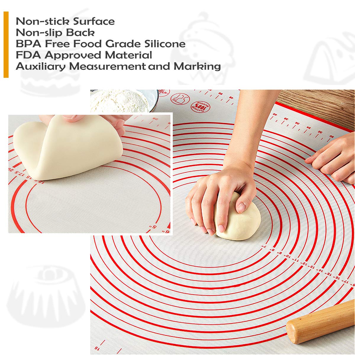 Pastry Mat for Rolling Dough, WeGuard 20“x16” Silicone Pastry Kneading Mat Board with Measurements Marking BPA Free Food Grade Non-stick Non-slip Rolling Dough Baking Mat