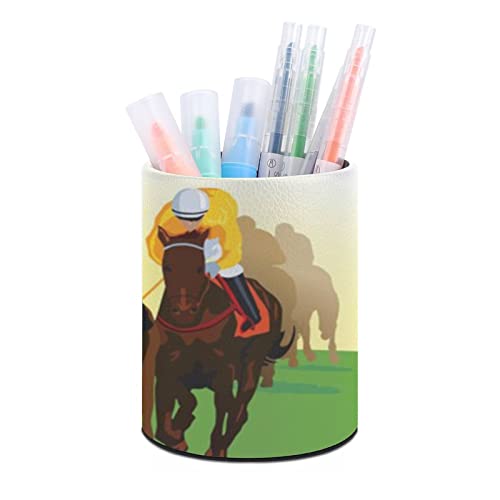 Horse Racing Cartoons Pen Holder PU Leather Pencil Cup Cute Desk Organizer Makeup Brush Box for Home Office