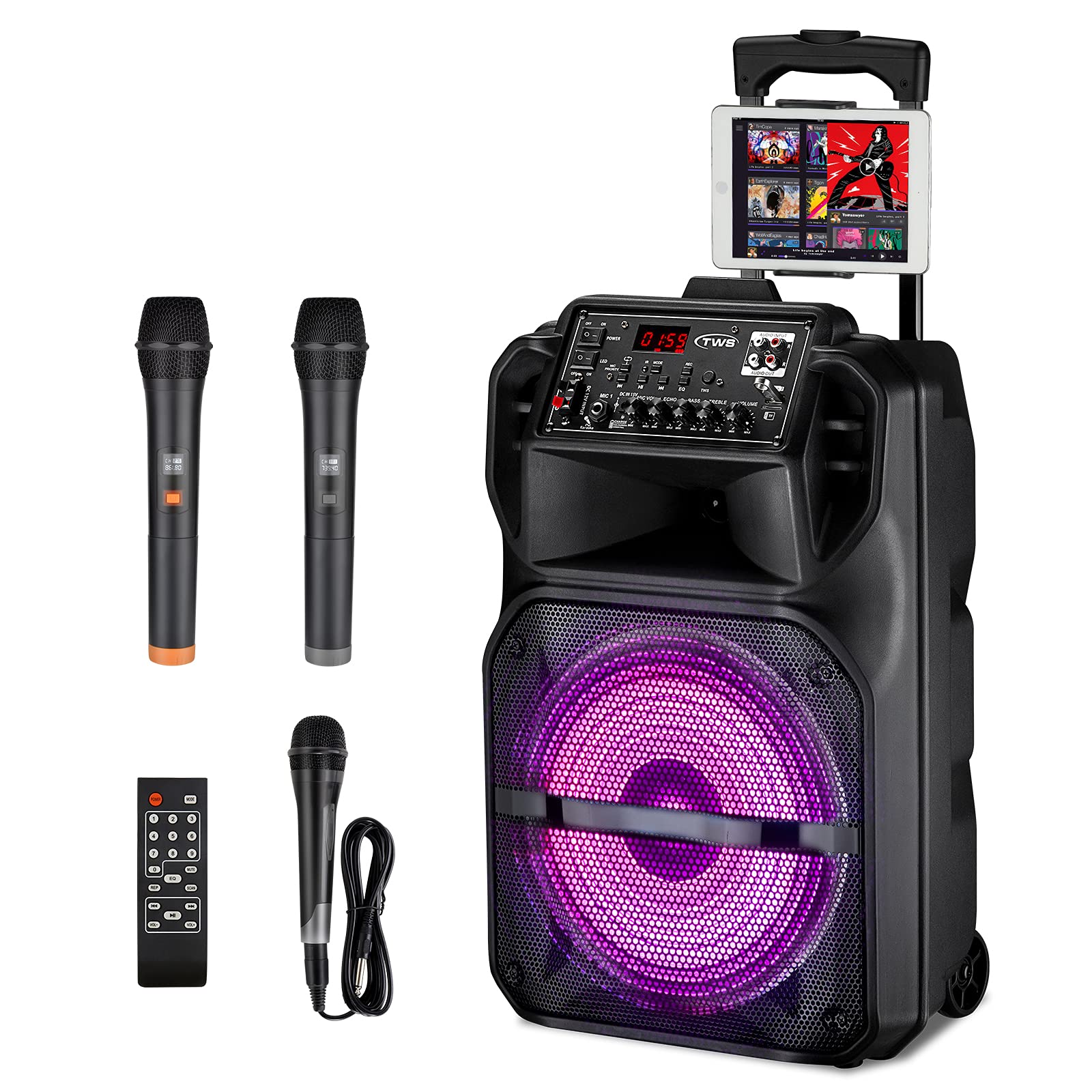 Karaoke Machine for Kids BT Connectivity with 2 Wireless Microphones, Dazzling DJ Disco Light 12'' Sub-woofer Portable Wireless PA Speaker System Bonus 1 Corded Mic and Remote, Great Gift For Kids