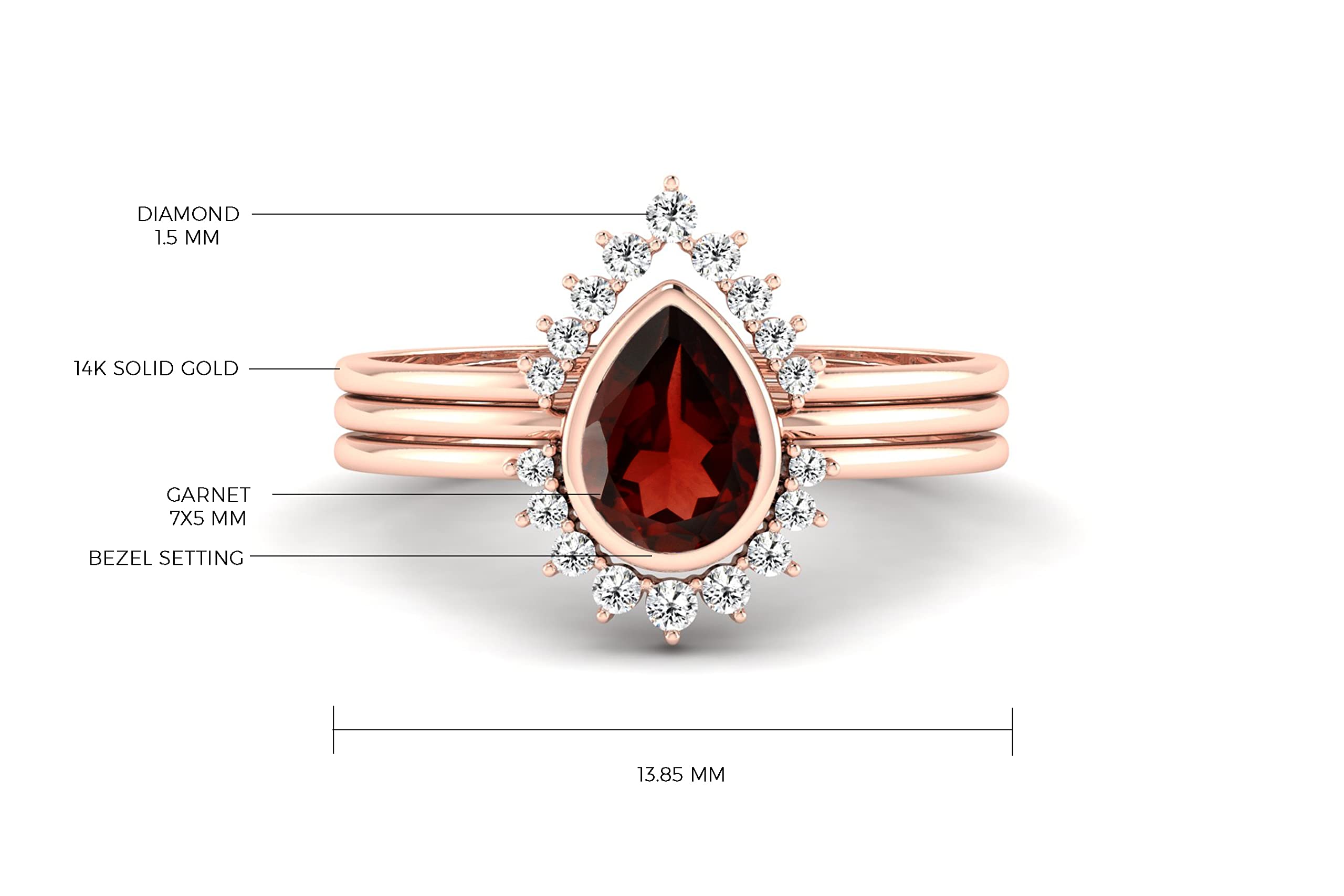mirahi by chordia jewels Bridal Sets Wedding Rings, Solitaire Teardrop Garnet Engagement Ring, Diamond Stackable Ring 14K Rose Gold