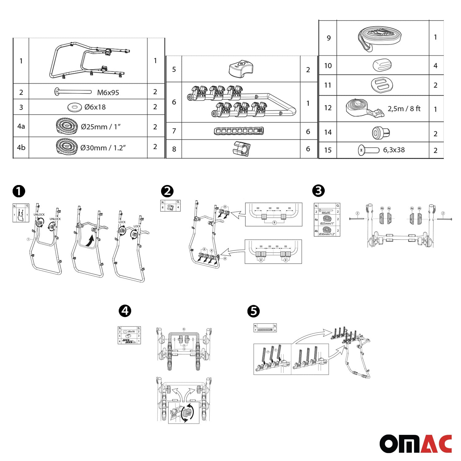 OMAC 3 Bike Rack Carrier Hitch Mount for Hyundai Elantra Touring 2009-2012 Black 1 Pc