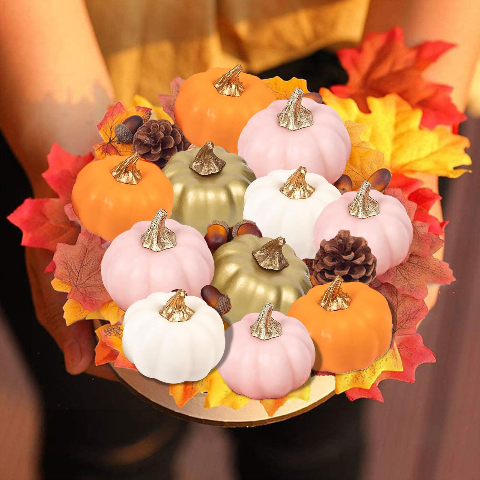 Lebsitey 16Pcs Gold Artificial Pumpkins, Fall Artificial Pumpkins Fake Pumpkins for Halloween Fall Thanksgiving Decorating Displaying (Gold)