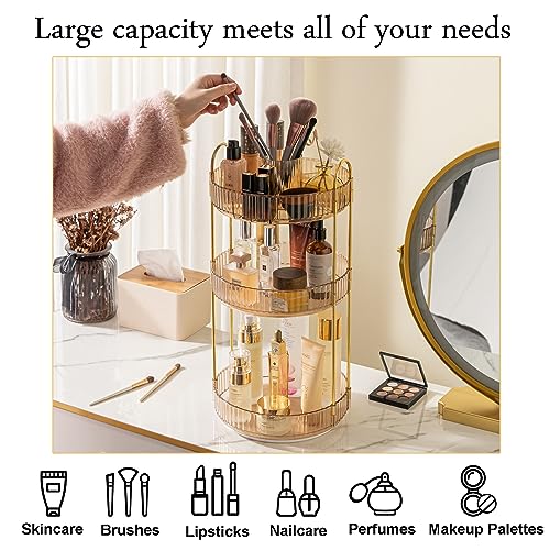 LAECHATAR Rotating Makeup Organizer for Vanity 3 Tiers, Large Capacity Skincare Organizers and Storage, Perfume Organizer Countertop, Spinning Bathroom Lazy Susan (Vintage Gold)