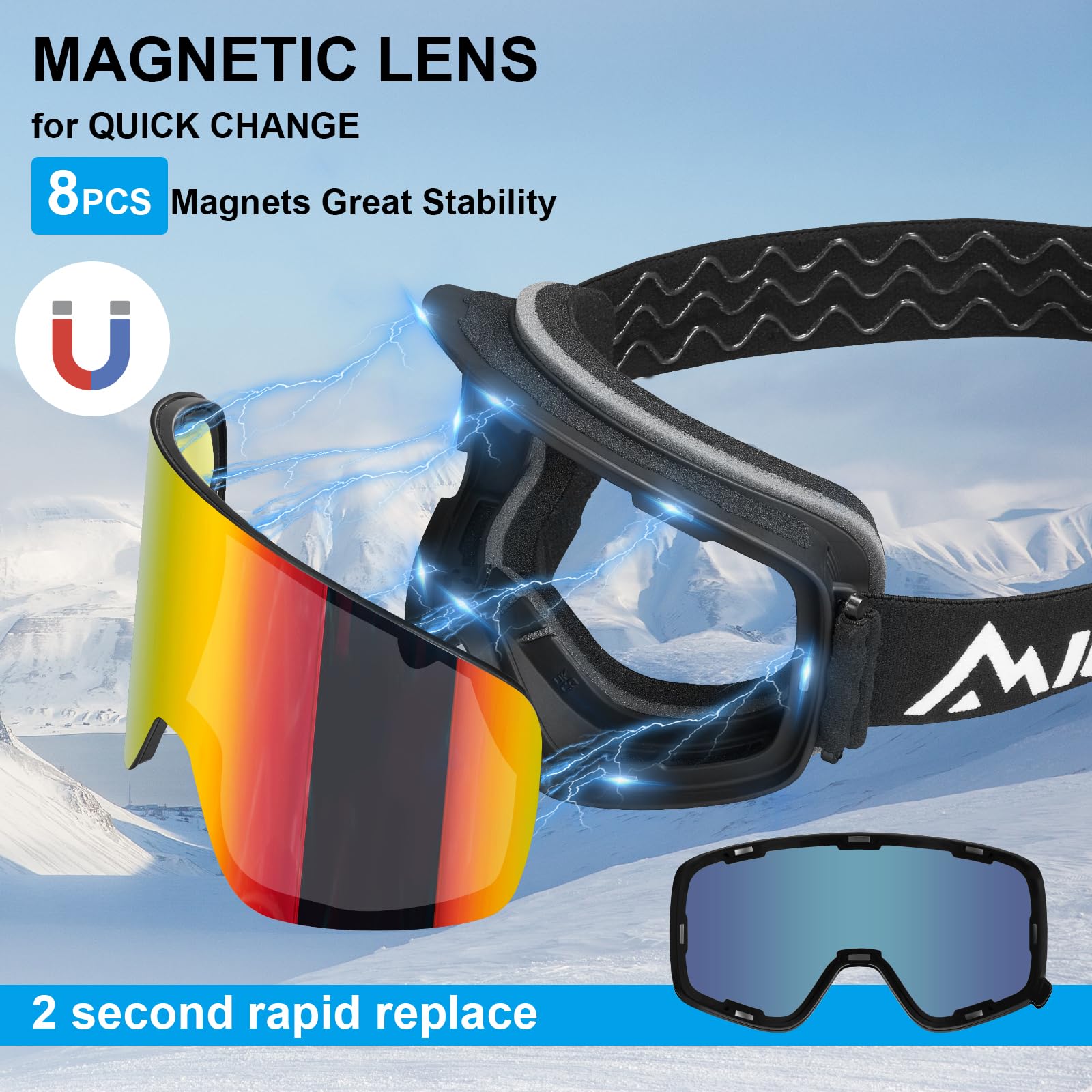 Micisty Ski Goggles Over Glasses OTG Ski Glasses Snowboard Goggles for Men Magnetic Ski Goggles Snow Goggles with Interchangeable Lens Goggles (Red)