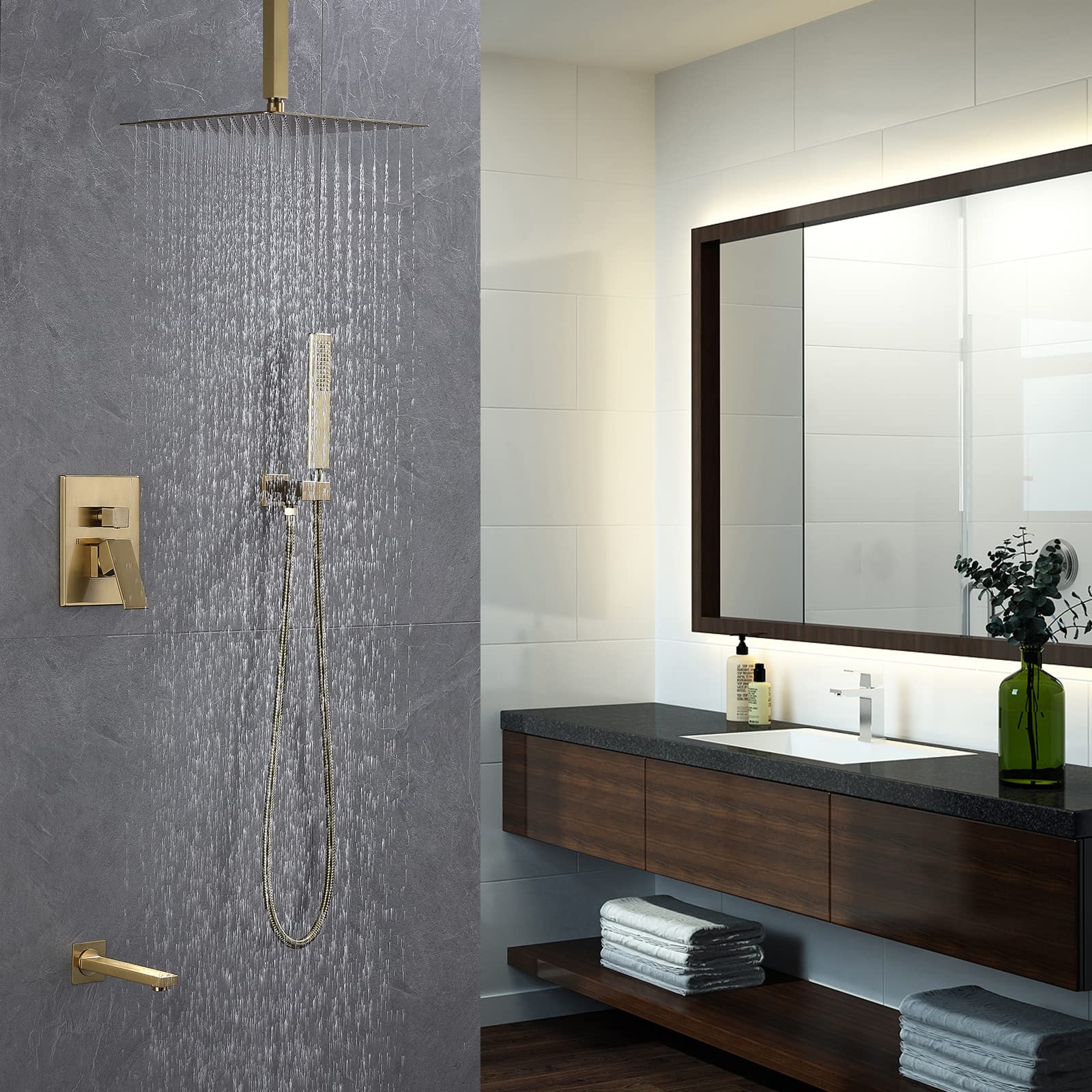 Iriber Ceiling Brushed Gold Rain Shower System with Waterfall Tub Spout 3 Function Shower Faucet Set Contain 12 Inch Shower Head and Handheld Brushed Brass Shower Trim Kit (Valve Included)