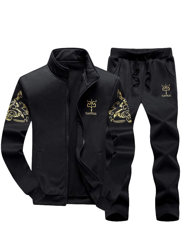 Lavnis Men's Casual Tracksuit Full Zip Running Jogging Athletic Sports Jacket and Pants Set Black XL