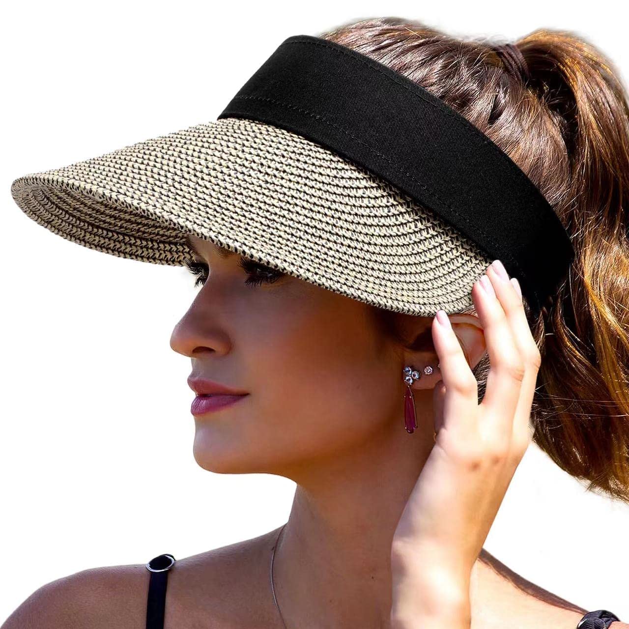 Lvaiz Sun Straw Visor Hats for Women Wide Brim Roll-up Foldable Beach Sun Visors Cap Summer UV Protection Black, One Size