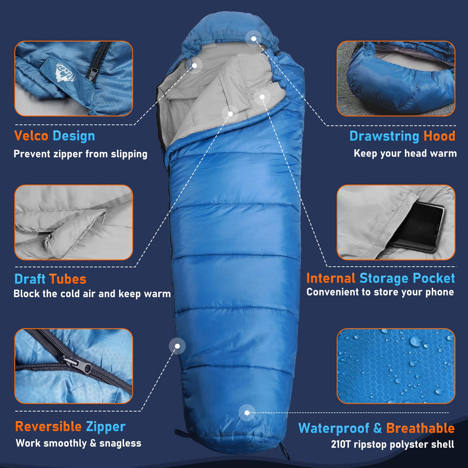 Mummy Sleeping Bag for Adults with Pillow, MEREZA 20 Degree Cold Weather Sleeping Bag for Camping Backpacking Mummy Bag Warm Washable for Hiking 4 Seasons