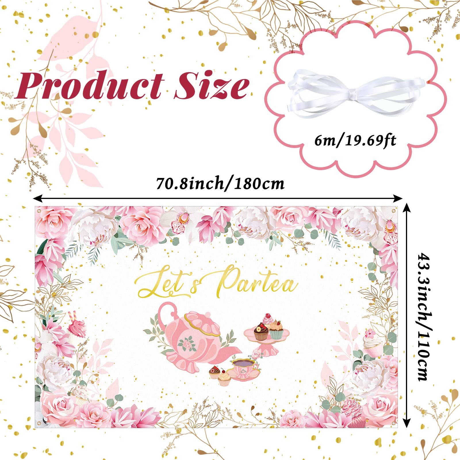 Let's Partea Tea Party Birthday Backdrop Tea Party Banner Decorations Tea Party Picture Background for Baby Shower Birthday Party Decorations Photo Booth (White, 6 x 3.6 ft)