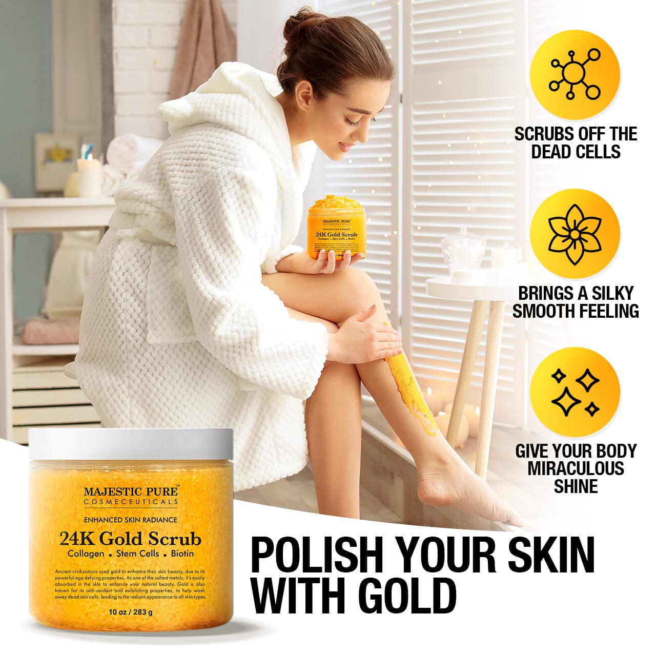 MAJESTIC PURE 24k Gold Scrub with Collagen and Biotin | Exfoliating Body Scrub for Skin Care, Stretch Marks, Acne, Cellulite | Body Scrub Exfoliator |10 oz