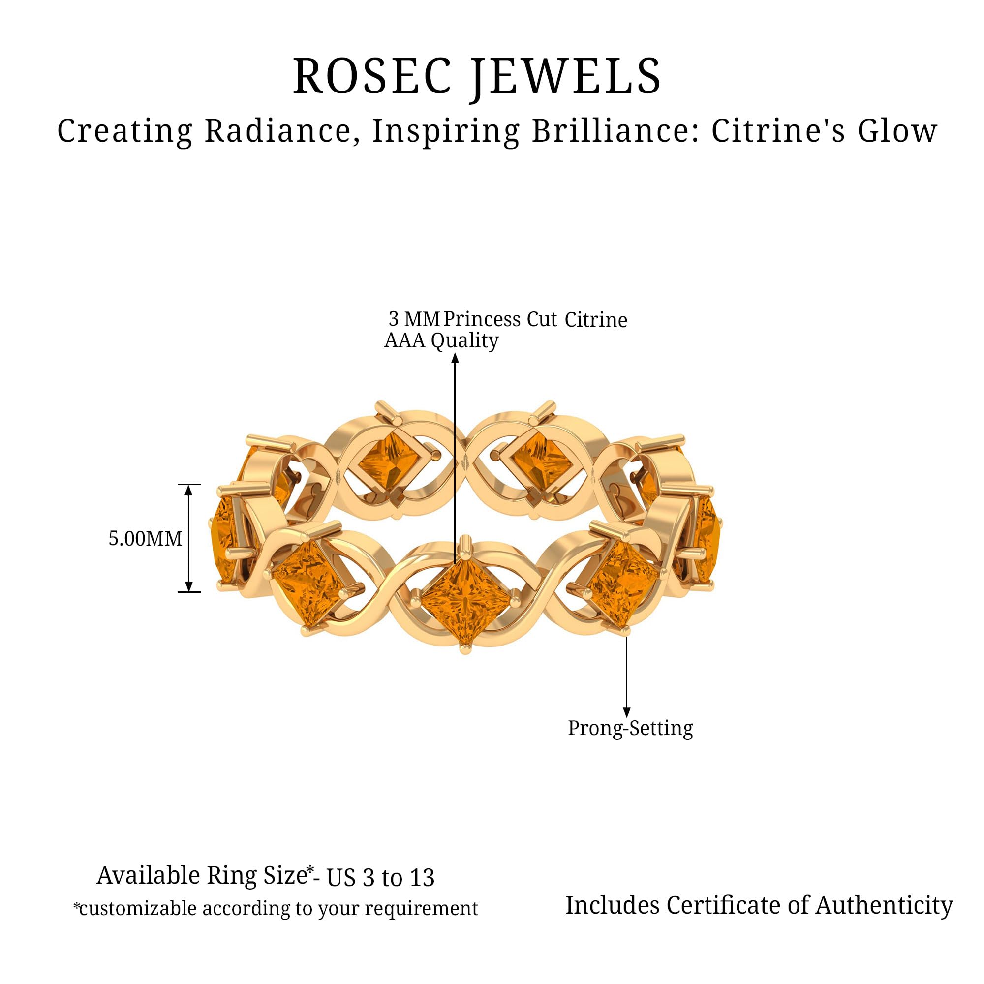 Natural Citrine Full Eternity Band, AAA Quality, Certified Princess Cut Citrine Anniversary Ring - With Jewelry Box, 14K Rose Gold, Size:US 9.50