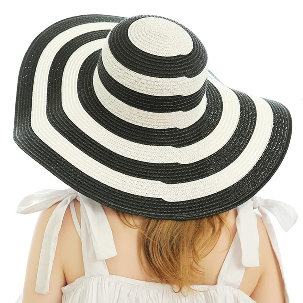 Itopfox Womens Beachwear Sun Hat Striped Straw Hat Floppy Big Brim Hat Black,One Size(22inch-22.8inch Circumference)