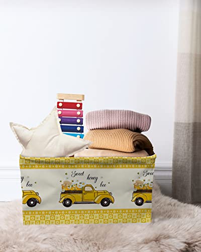 Storage Baskets for Organizing, Toy Box Chest Farm Sweet Honey Bee Truck Daisy Yellow Buffalo Plaid Foldable Cube Storage Bin with 2 Leather Handles Set of 2