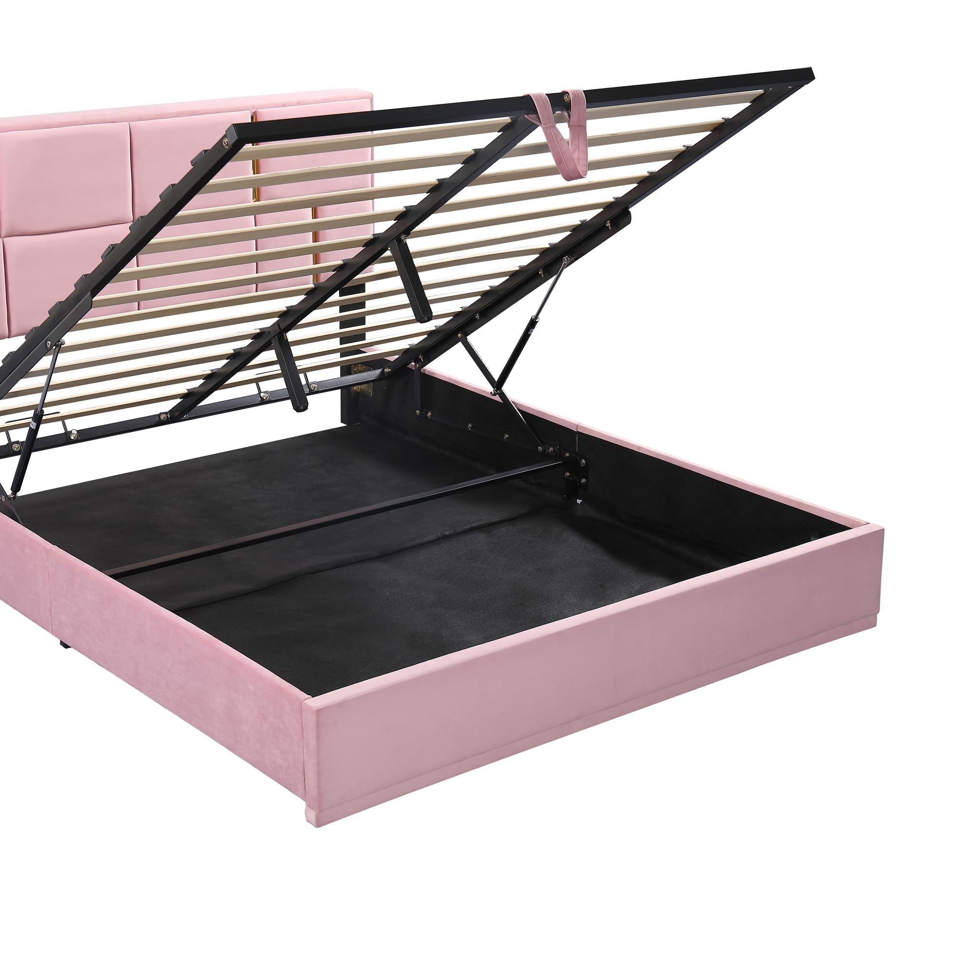 JIVOIT Upholstered Platform Bed with Hydraulic Storage System, Queen Size Storage Bed with Headboard and Wood Slats Support, Space Saving Wood Platform Bed Frame for Bedroom (Pink,Bed,5)