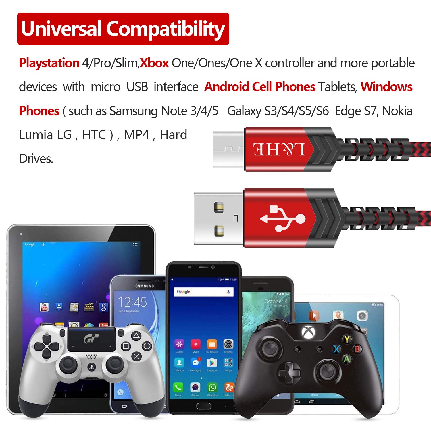 L&HE 2 Pack 10FT Charger Cable Compatible with PS4 Slim/Pro, Xbox One S/X Controller, and Android Phones (Red & White)
