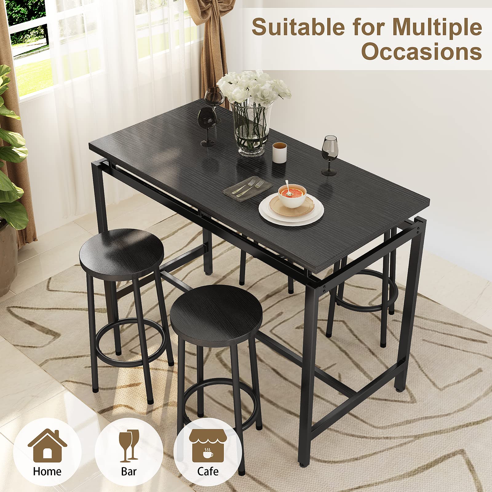 Lamerge Bar Table Set of 4,Industrial 5 Piece Breakfast/DiningTable Set,43" Pub Height Table & 4 PU Upholstered Stools with Backrest,for Living Room,Kitchen,Bar,Rustic Brown & Black & Brown