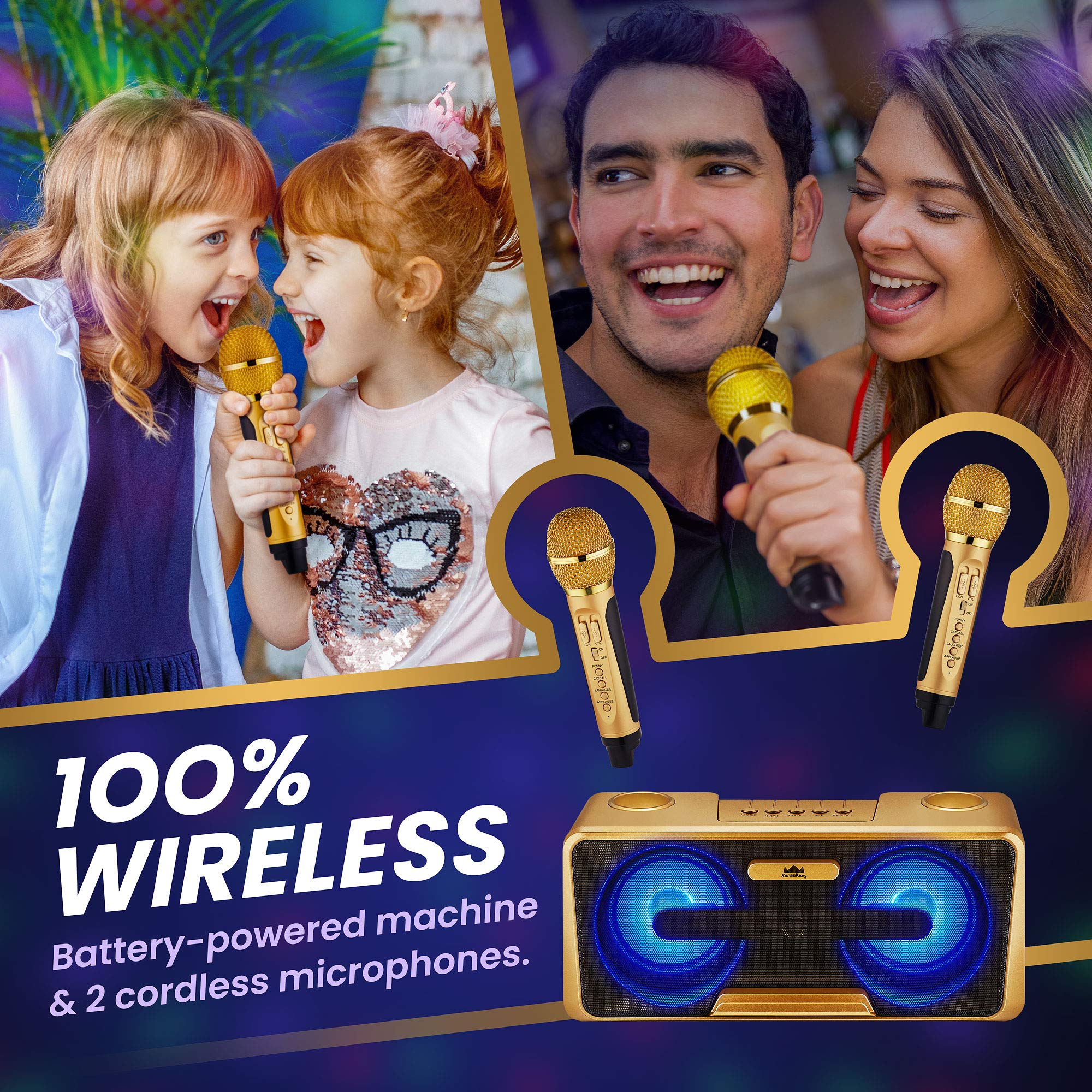 KaraoKing New 2020 Karaoke Machine – for Adults and Kids – 2 Wireless Karaoke Microphone, SD Card, USB, Bluetooth Compatible, LED Lights – Home, Bachelor Party, Picnic, Outdoor/Indoor [G301 Gold]