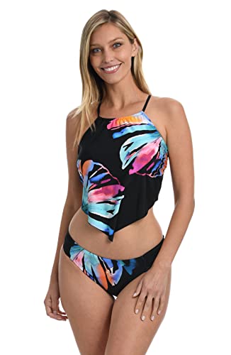 La Blanca Women's Standard Halter Handkerchief Tankini Swimsuit Top, Black//Prism Palm, 12