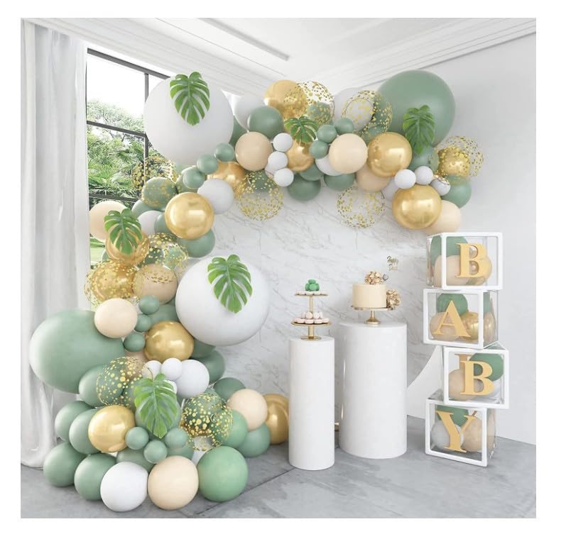 Sage Green, White, Gold and Gold confetti Ballon Garland Arch Kit 132 pcs