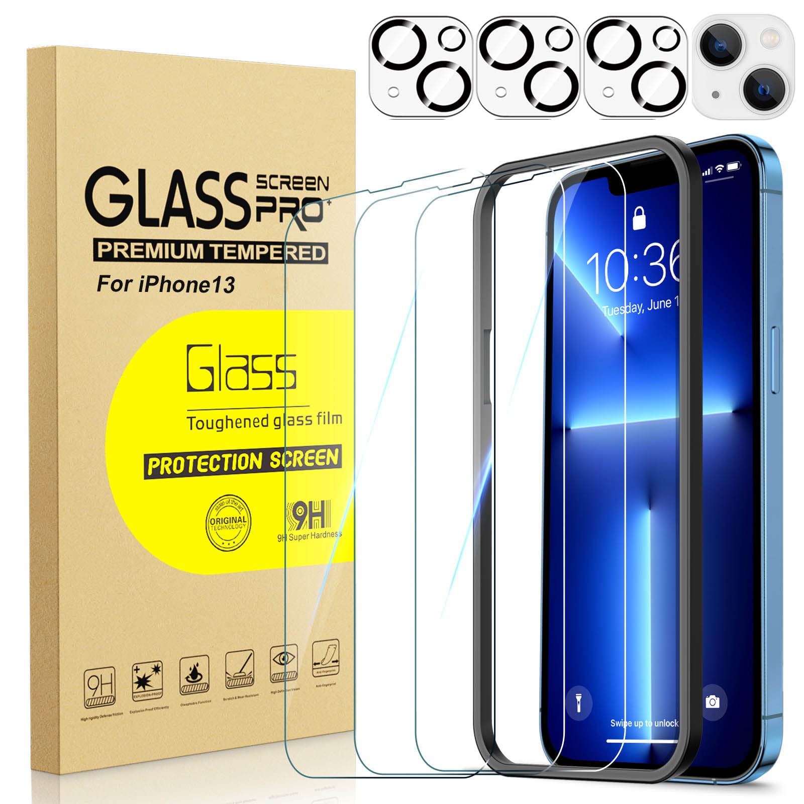 UPIRT 3 Pack iPhone 13 Screen Protector with 3 Pack Camera Lens Protector, iPhone 13 Screen Protector Tempered Glass, 6.1 inch, Scratch Resistant, Easy Installation