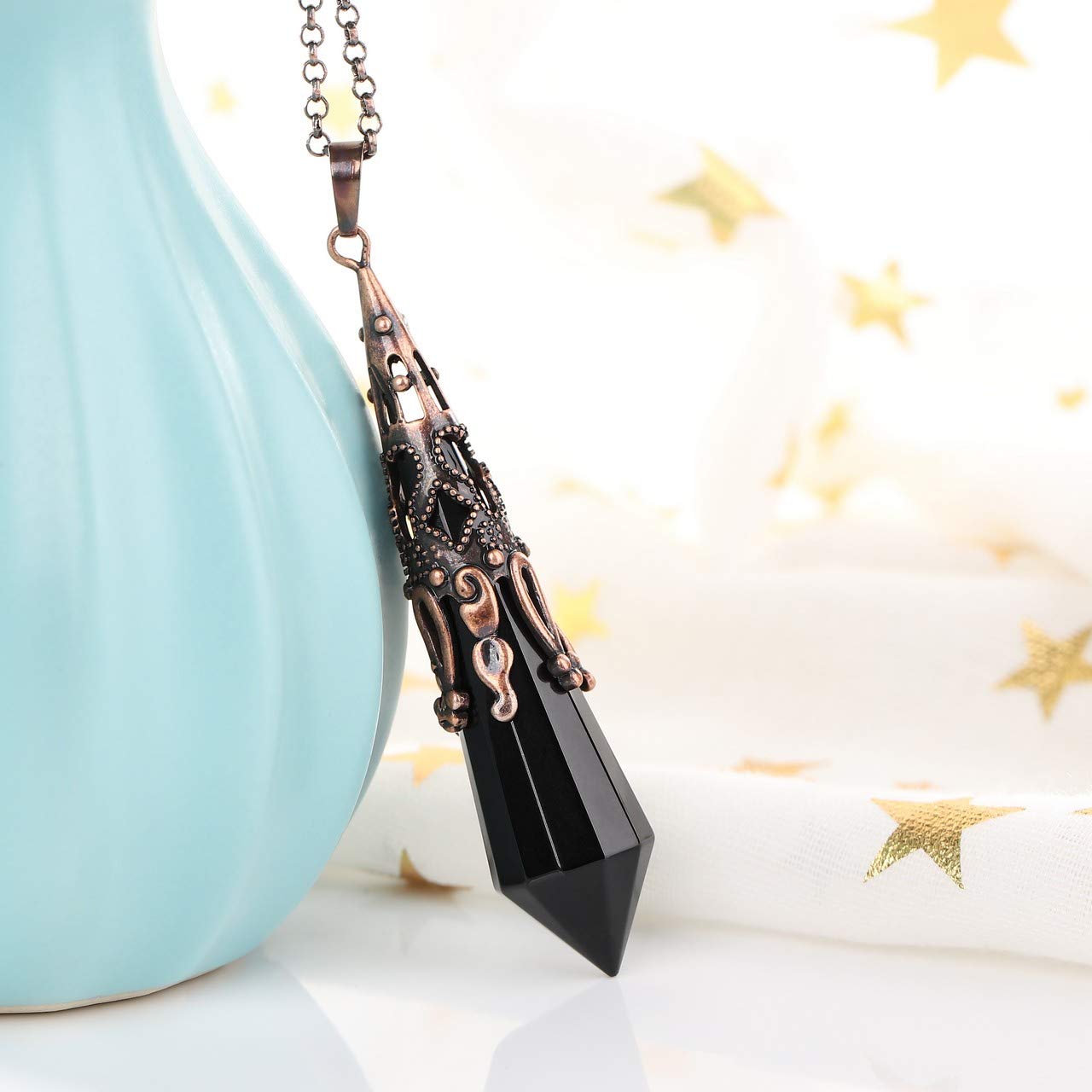 Jovivi Natural Black Obsidian Crystal Necklace 12 Facted Therapy Healing Dowsing Divination Pendulum Pendant Reiki Charged Chakra Balancing