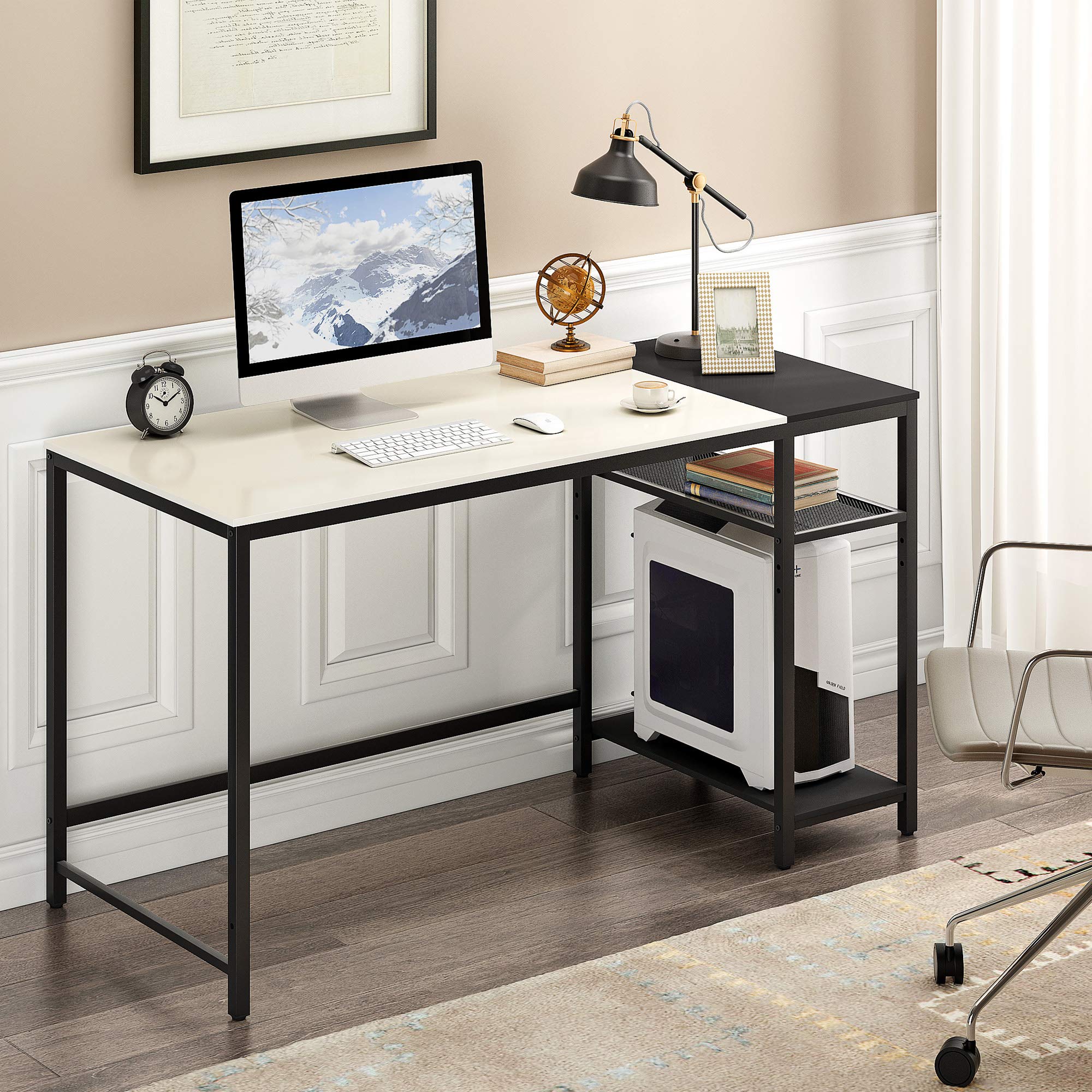JEROAL 55 Inch Computer Desk with Shelves, Large Wooden Desk with 2 Storage Shelves, Industrial Study Writing Table for Home, Office and Study Room, White and Black Desktop with Black Metal Base