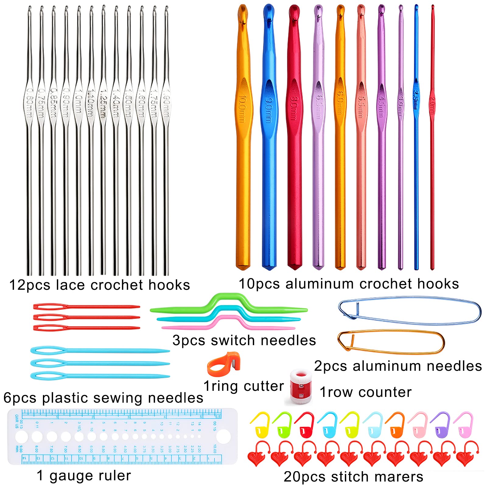 LOOEN 68pcs Crochet Hooks Set,Aluminum Tunisian Crochet Hooks Set Afghan Knitting Needles Kit with Case,11pcs 2mm/B-8mm/L Multicolor Hooks and Necessary Accessories