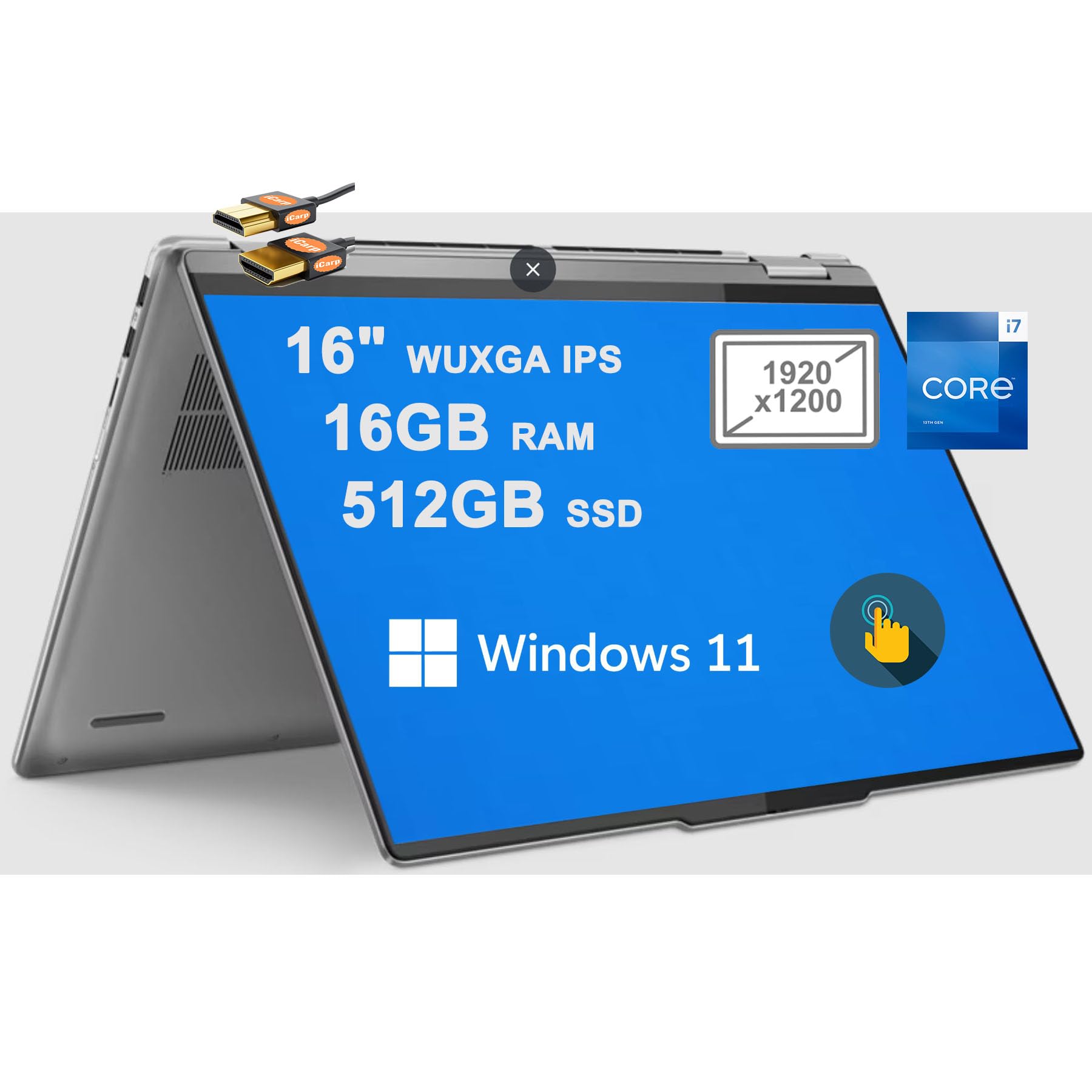 Lenovo Yoga 7i 2-in-1 Laptop 16" WUXGA IPS Multi-Touch Low Blue Light 13th Gen Intel 10-Core i7-1355U 16GB DDR5 512GB SSD Fingerprint Backlit Thunderbolt4 Win11 Gray + HDMI Cable