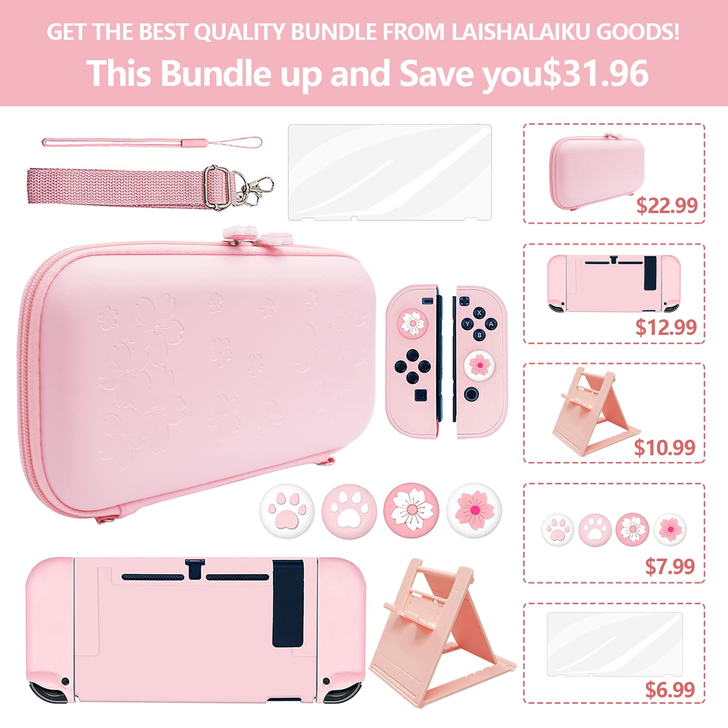 Laishalaiku Pink Protective Carrying Storage Case Accessories Kit Compatible with Nintendo Switch - Hard Protective Cover | Glass Screen Protector | Adjustable Stand | Thumb Grip Caps (10 in 1)