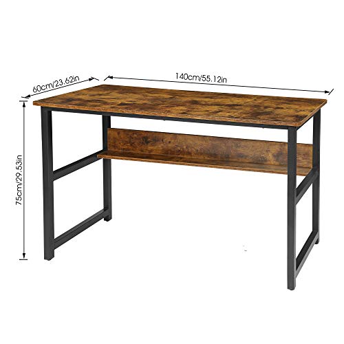 JEROAL 55 Inch Computer Desk with Bookshelf, Wood PC Laptop Workstation, Study Writing Table with Metal Frame for Home, Office and Study Room, Rustic Brown