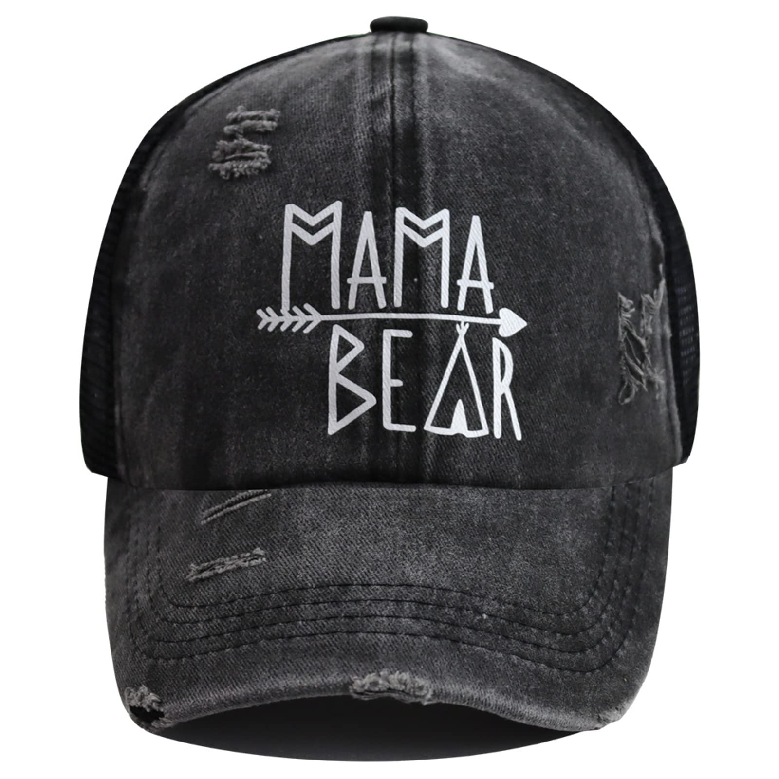 OASCUVER Women's Mama Bear Hat Messy High Buns Ponytail Adjustable Mesh Trucker Baseball Cap Black