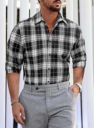 JMIERR Mens Flannel Shirt Fall Fashion 2024 Long Sleeve Casual Button Down Cotton Plaid Dress Shirts, US 40(M), Black