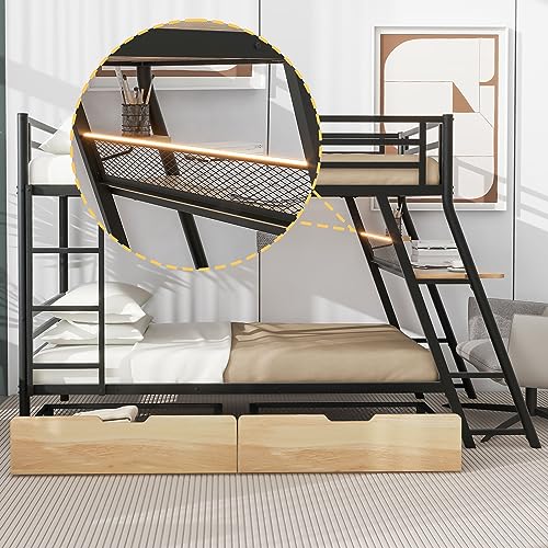 SIYSNKSI Twin Size Bunk Bed with Built-in Desk and 2 Drawers, Metal Bunk Bed Frame with Light and Metal Slat Support for Kids Teens Boys Girls Bedroom, No Box Spring Needed