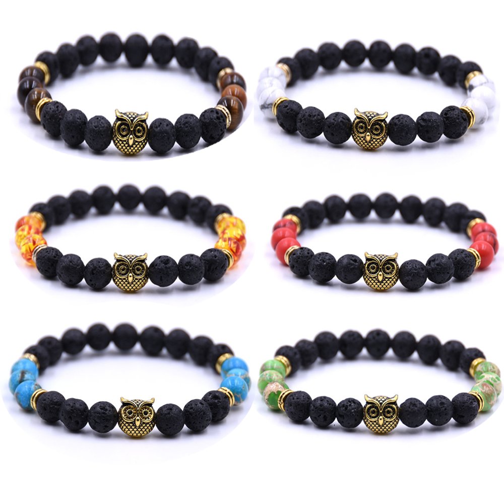 JOYA GIFT Chakra Lava Stone Owl Beads Bracelets Mens Womens Friendship Bracelets Set
