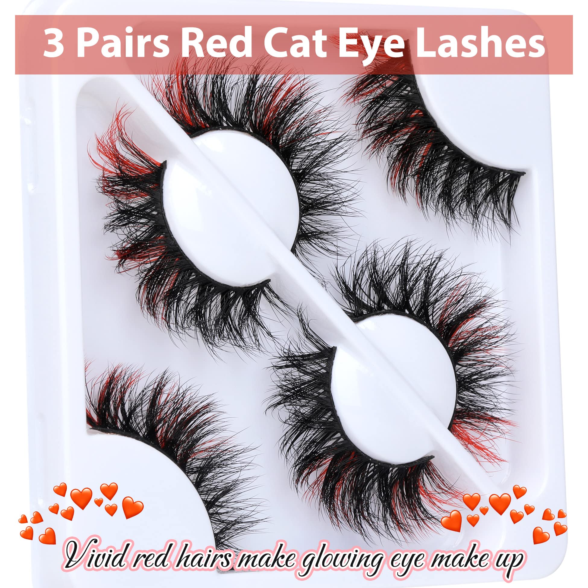 Red False Eyelashes with Color Cat Eye Lashes Mink Dramatic Fluffy Long Fake Lashes Christmas Wispy Strip Curly Lashes Pack 3 Pairs