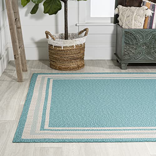 JONATHAN Y SMB201B-3 James Modern Border Stripe Indoor Outdoor Farmhouse Transitional Area Rug,High Traffic,Kitchen,Living Room,Backyard,Non Shedding,3 X 5,Aqua/Beige